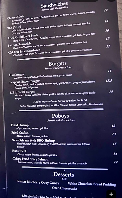 The Chimes Lafayette Restaurant Menu | Best American Food & Drinks in ...