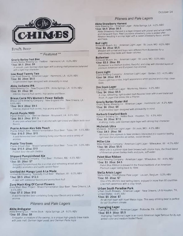 The Chimes Lafayette Restaurant Menu | Best American Food & Drinks in ...